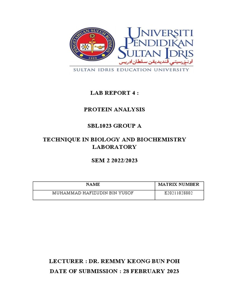 Lab Report 4: Protein Analysis Sbl1023 Group A Technique in Biology and Biochemistry Laboratory ...