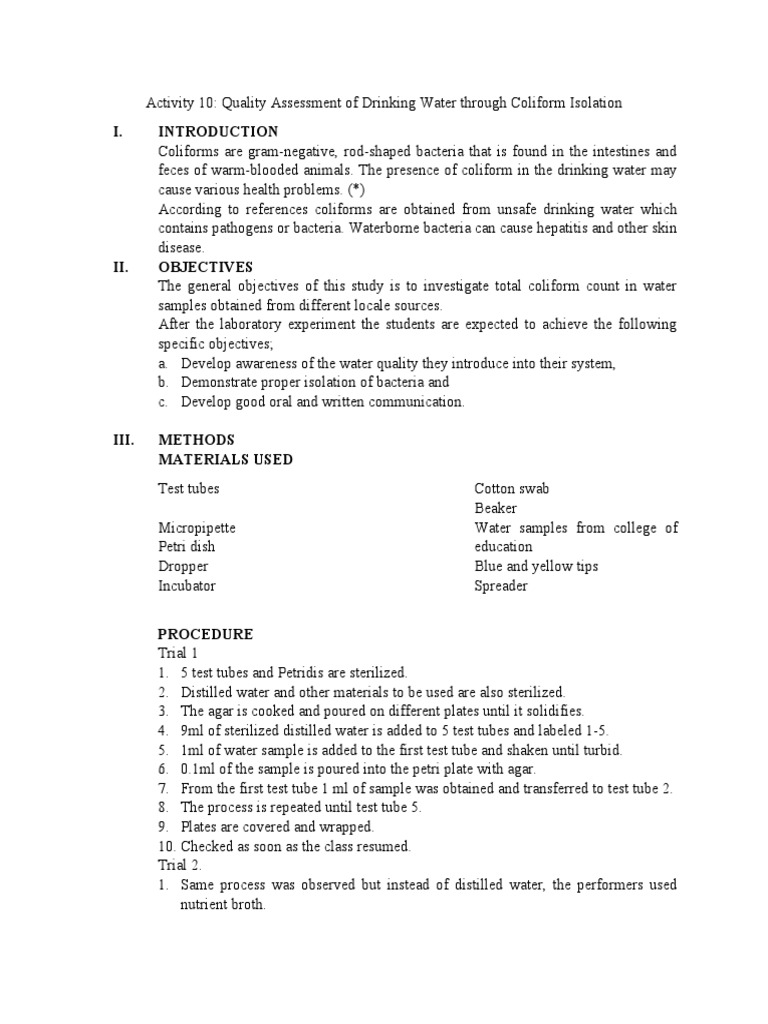Activity 10 Quality Assessment of Drinking Water Through Coliform ...