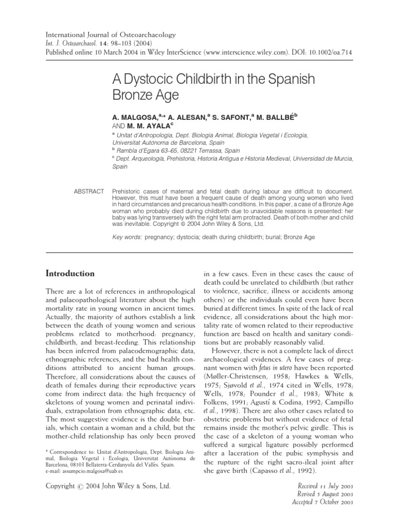 A Dystocic Childbirth in The Spanish Bronze Age: A, A A B C | PDF ...