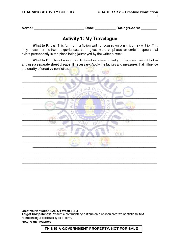 Activity 1: My Travelogue: Learning Activity Sheets GRADE 11/12 ...