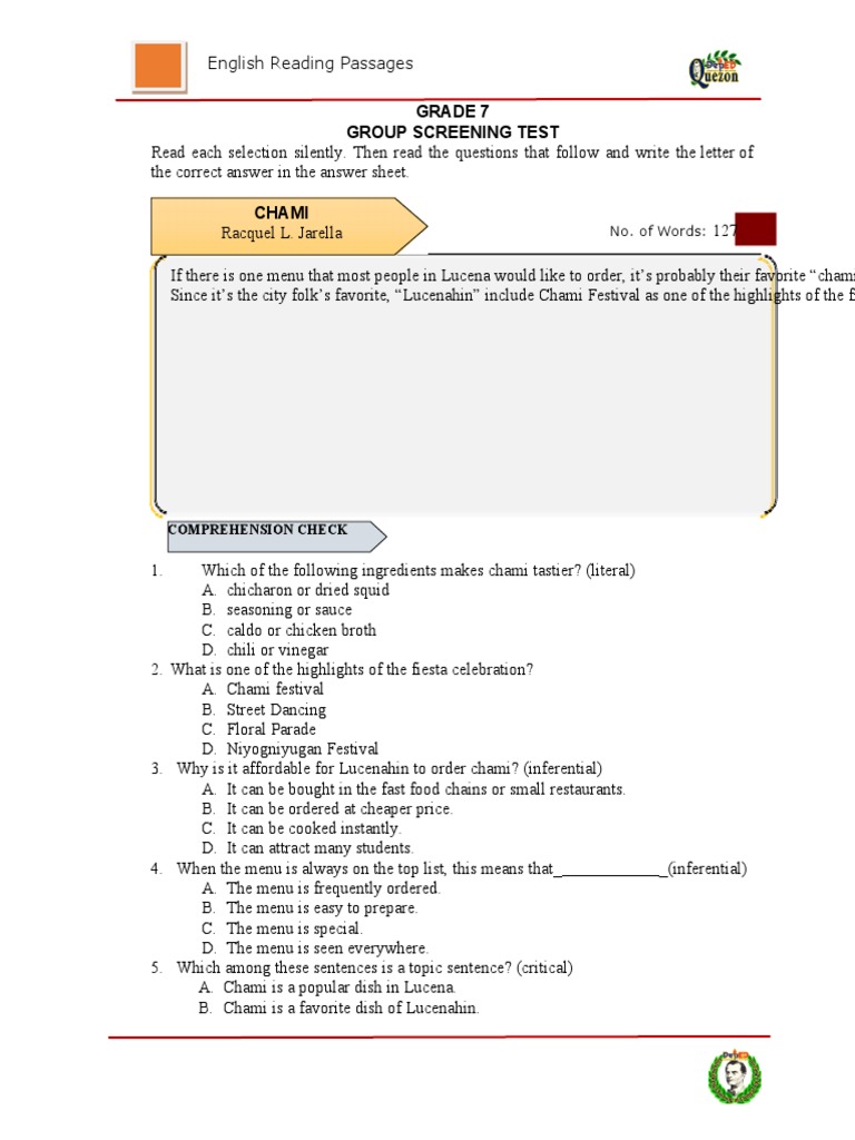 Grade 7 Group Screening Test: Comprehension Check | PDF
