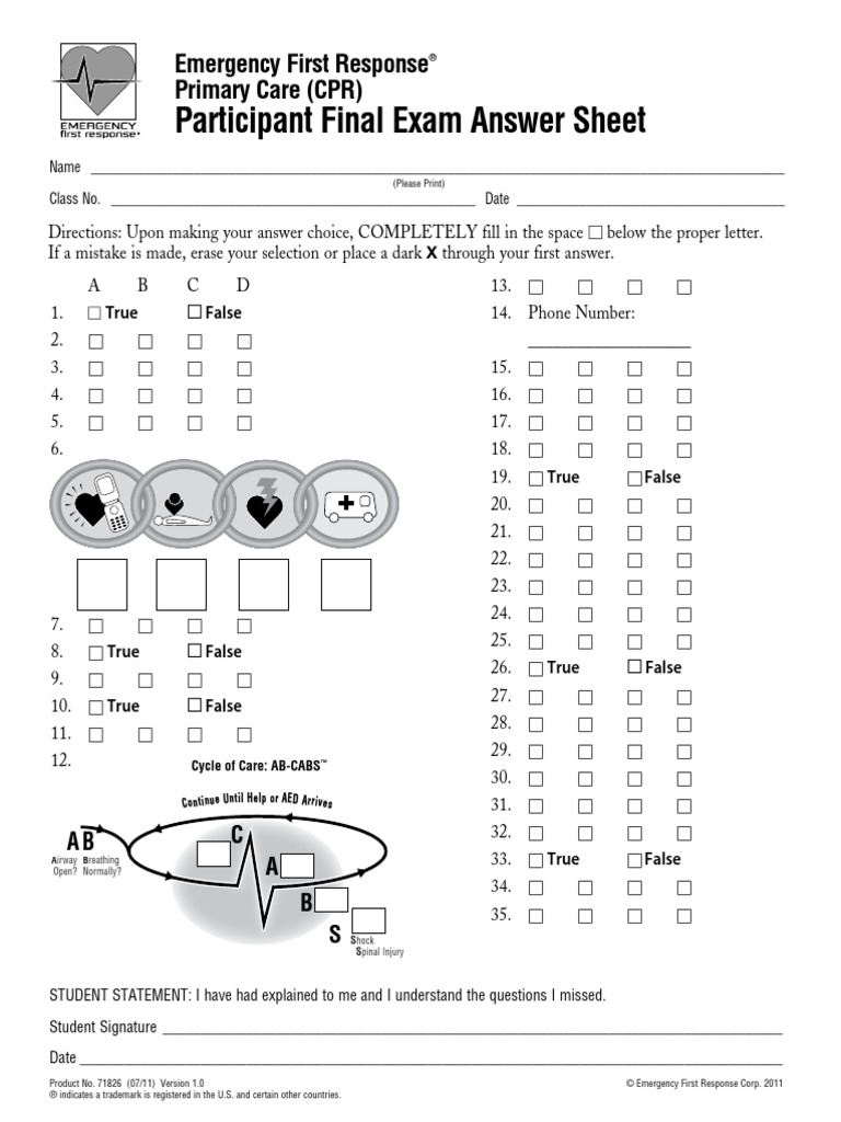Participant Final Exam Answer Sheet: Emergency First Response Primary ...