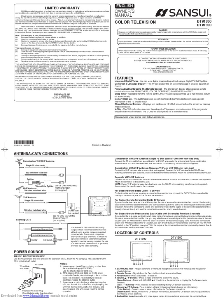 Limited Warranty and Owner's Manual for Orion TV | PDF | Cable ... Limited Warranty and Owner's Manual for Orion TV | PDF | Cable ...