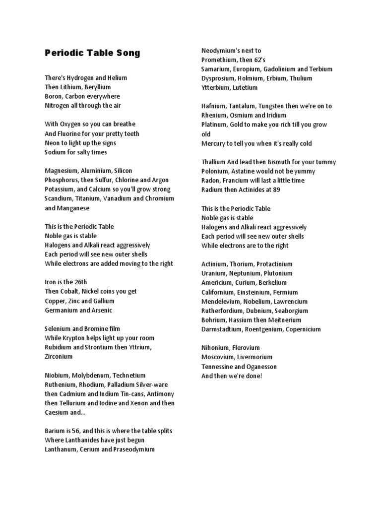 Periodic Table Song | PDF | Periodic Table | Chemical Substances
