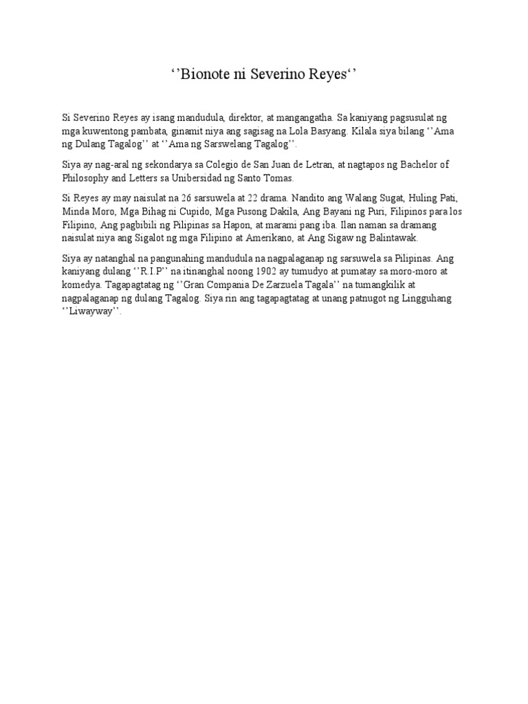 Bionote Ni Severino Reyes | PDF