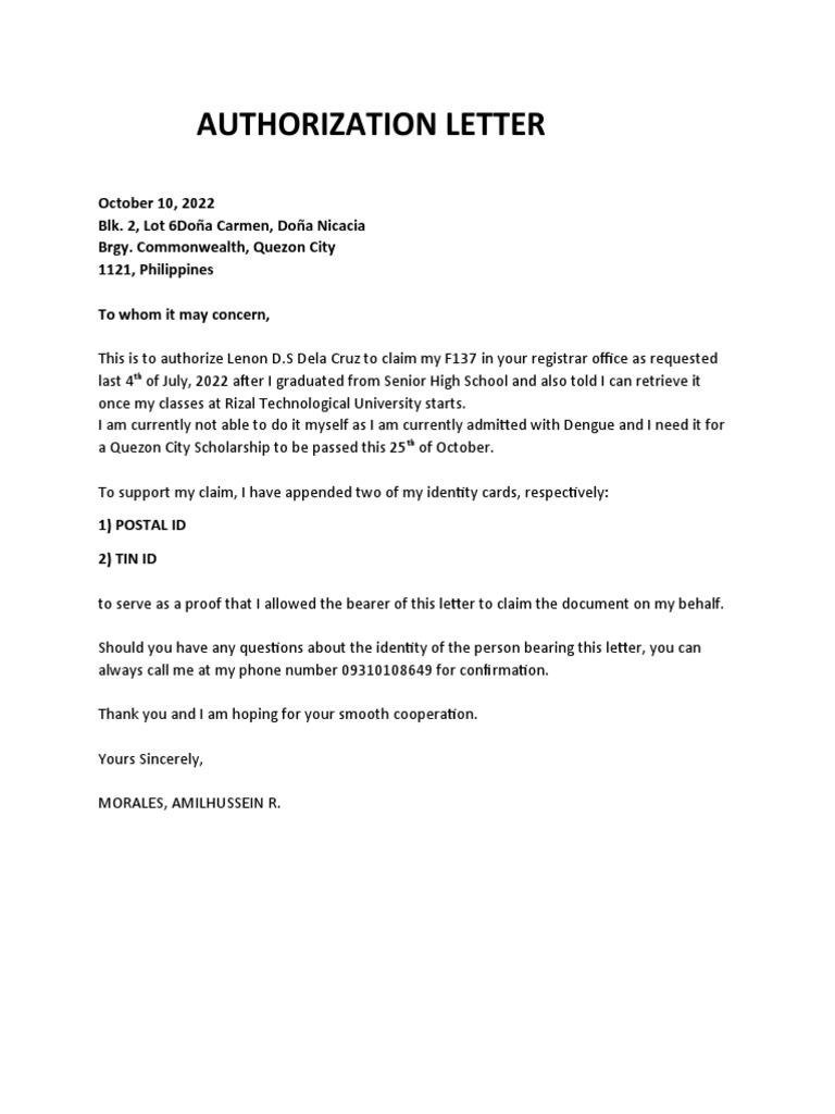 AUTHORIZATION LETTER f137 | PDF