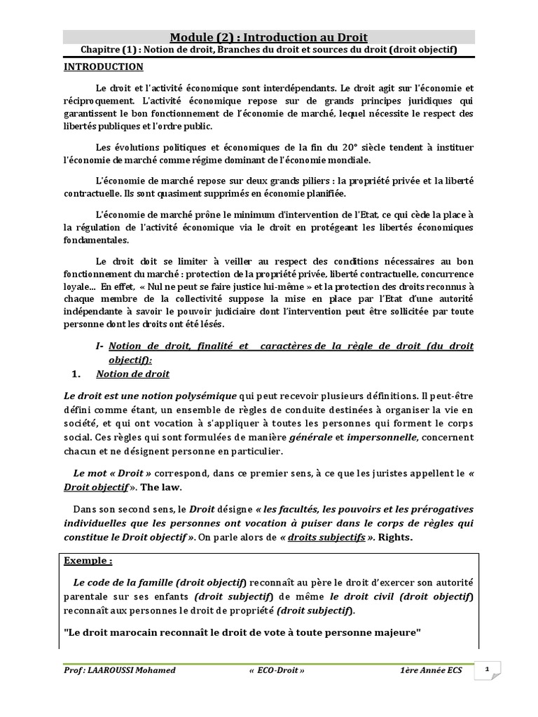 Chapitre (1) Notion de Droit, Branches, Sources - Copie-Converti | PDF | Loi | Constitution