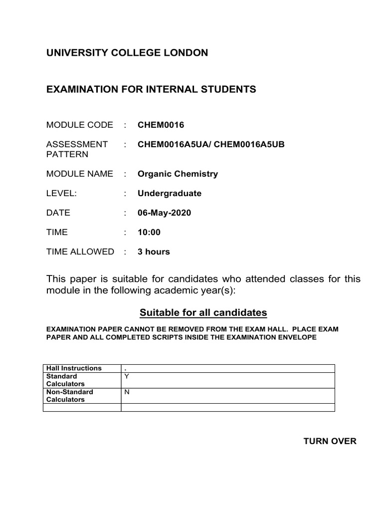 CHEM0016 Example Examination Paper | PDF | Mole (Unit) | Physical ...