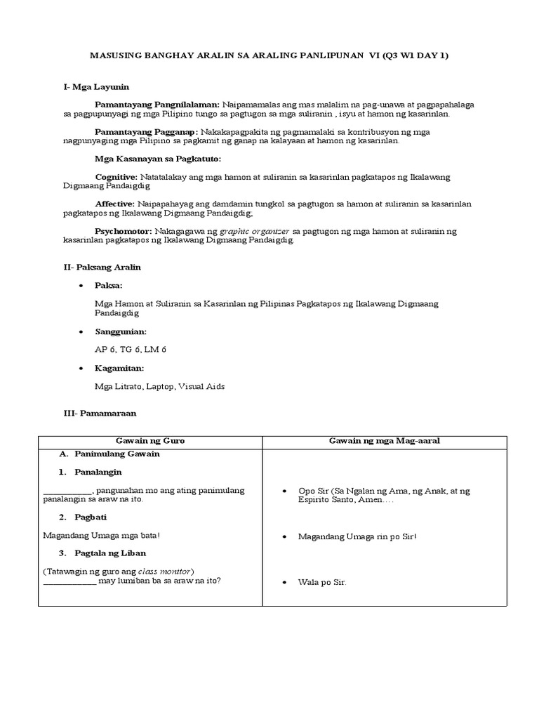 Aral Pan 6 Lesson Plan Melc Based Quarter 3 Week 1 | PDF