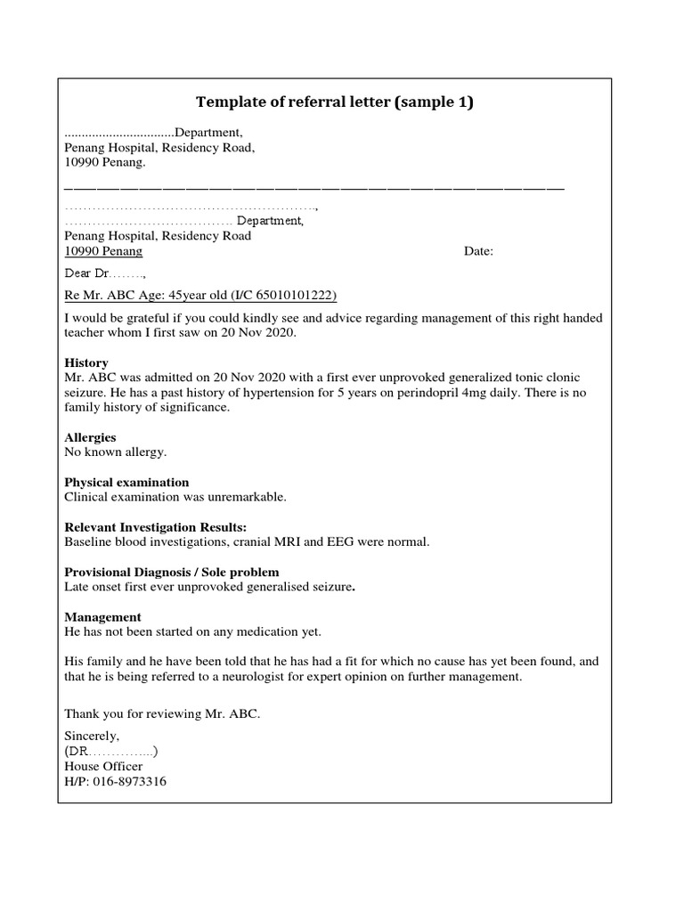 Template of Referral Letter (Sample 1) : History | PDF