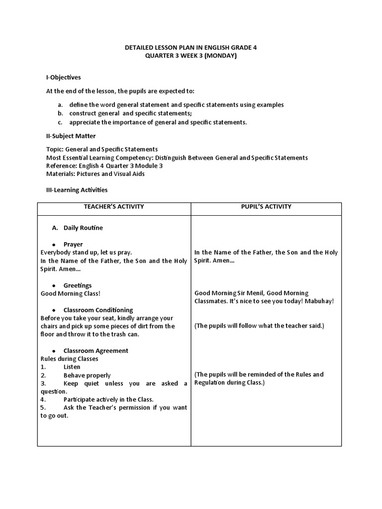 Grade 4 English Lesson: General vs. Specific Statements | PDF ...