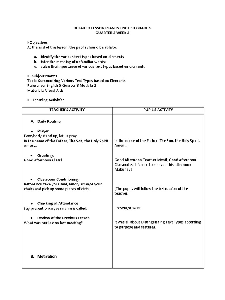 Detailed Lesson Plan in English Grade 5 Q3 W3 Melc Based | PDF | Plot (Narrative) | Cognition