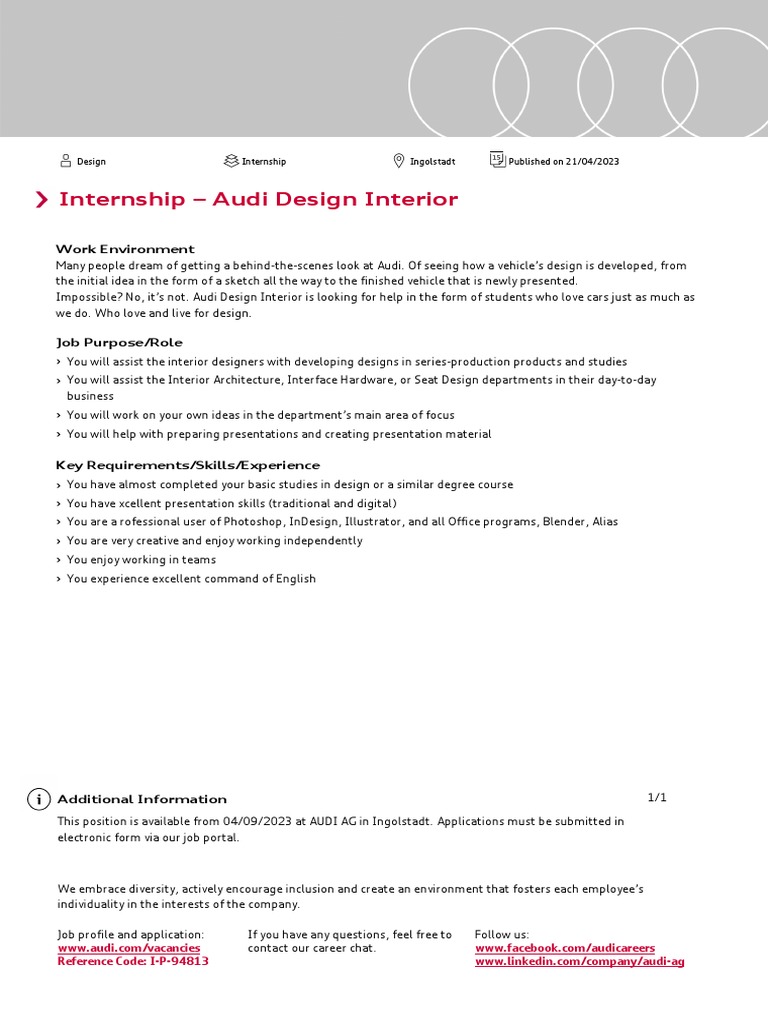 Audi Design Interior Internship | PDF | Career & Growth | Art