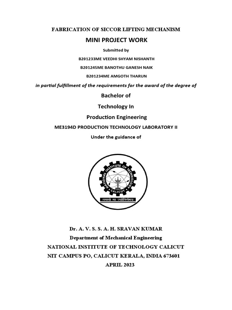 Mini Project Work: Bachelor of Technology in Production Engineering | PDF