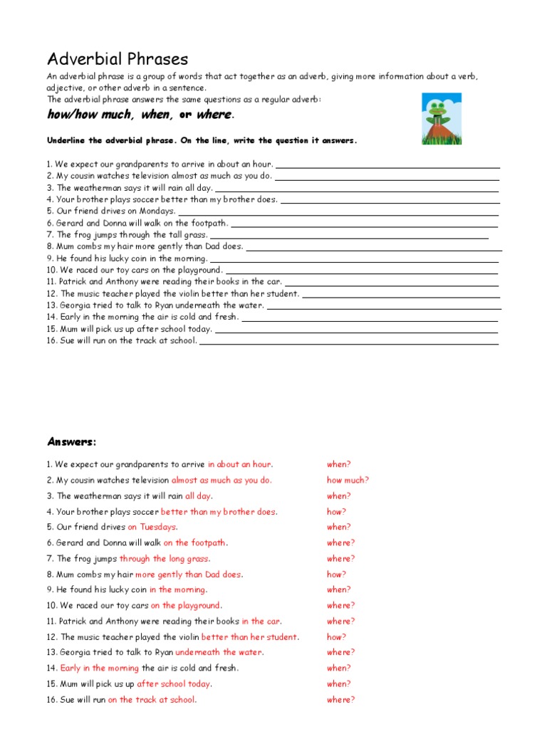 Adverbial Phrases Worksheet with Answers | PDF