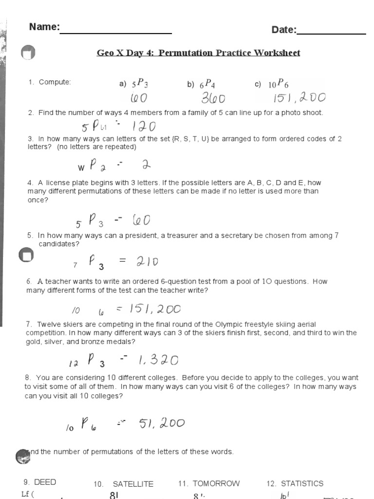 Geometry U15 Day 4 Permutations Practice Worksheet Solutions | PDF