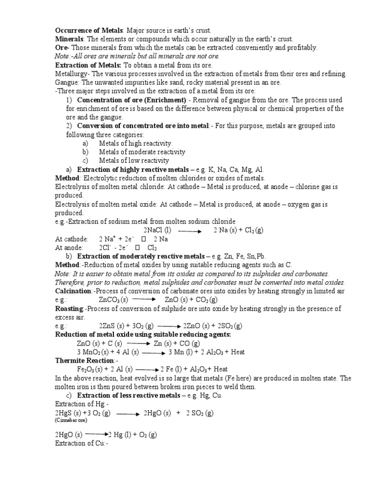 Notes Chapter 3 Class 10 (Metallurgy) | PDF | Sodium | Chlorine