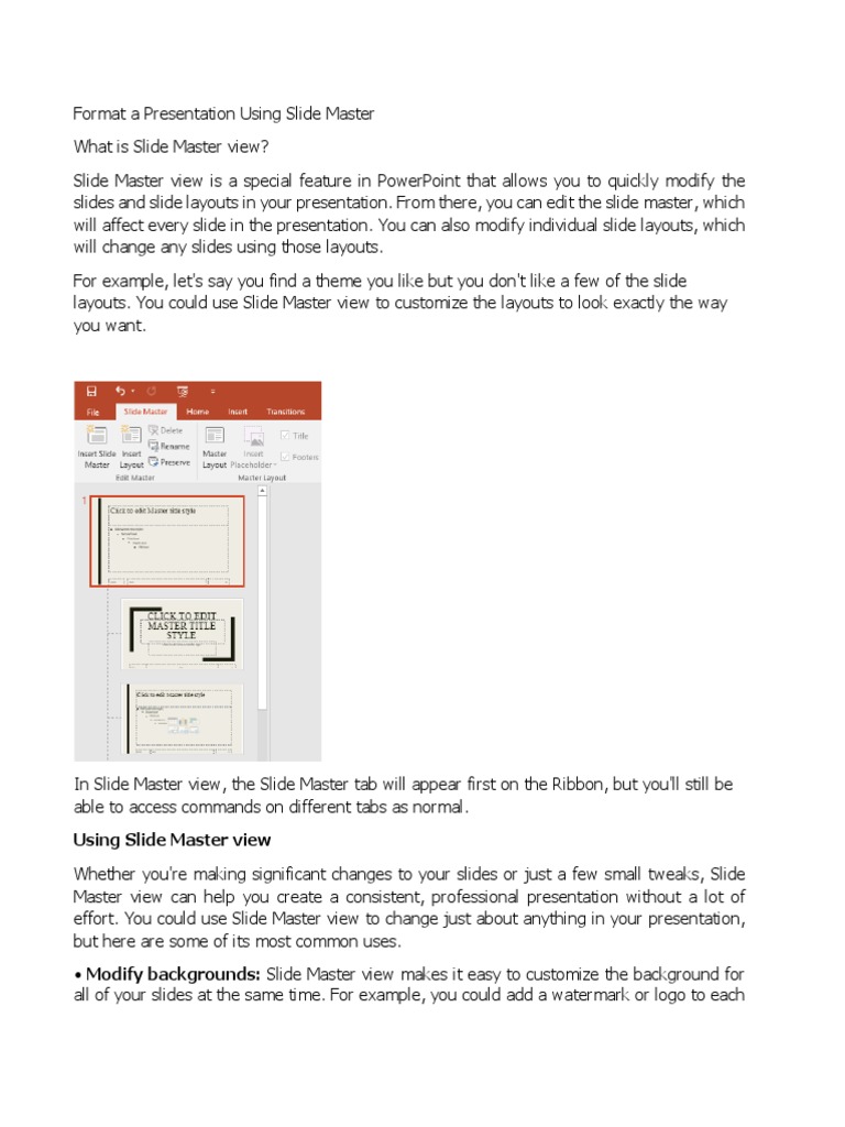 Customizing Presentations Using Slide Master View: A Step-by-Step Guide to Formatting Slides ...