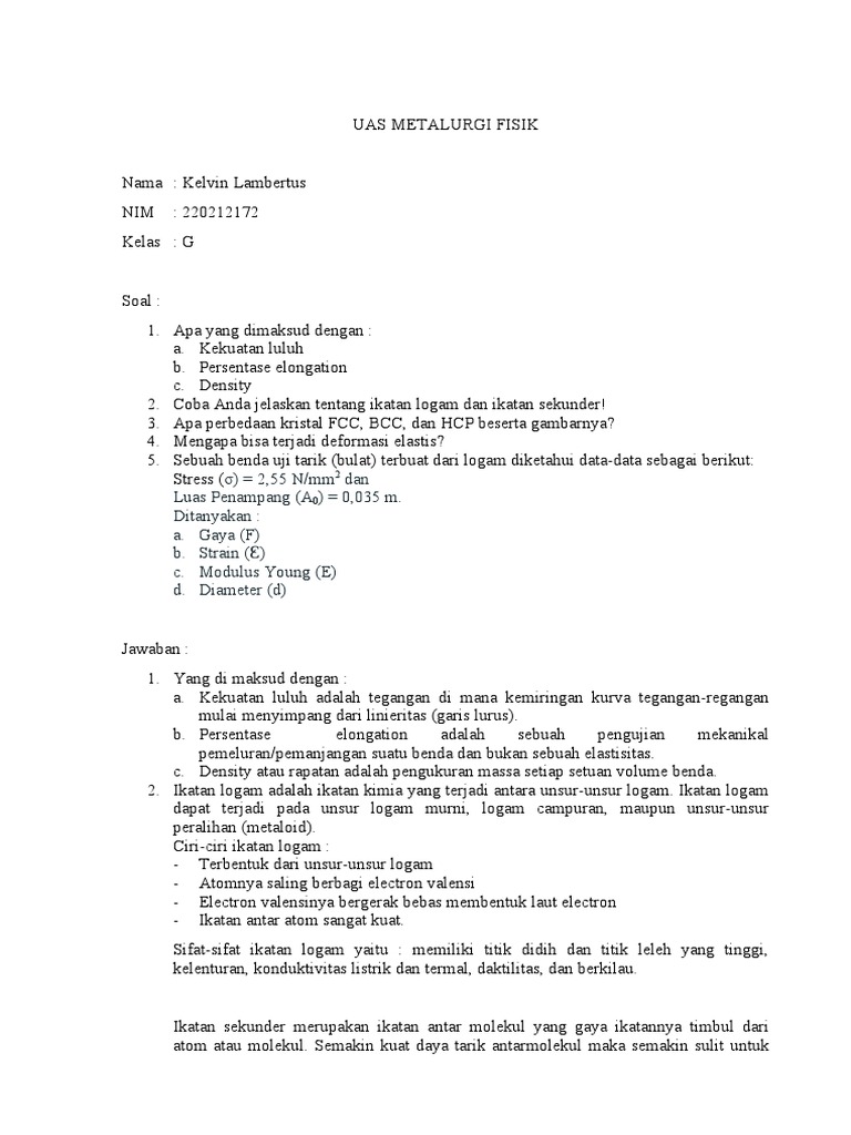 UAS Metalurgi Fisik (Kelvin) | PDF