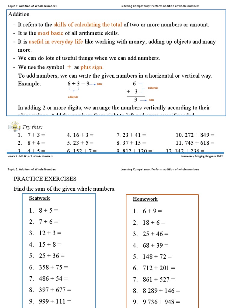 Topic 1. Addition of Whole Numbers | PDF | Teaching Methods & Materials