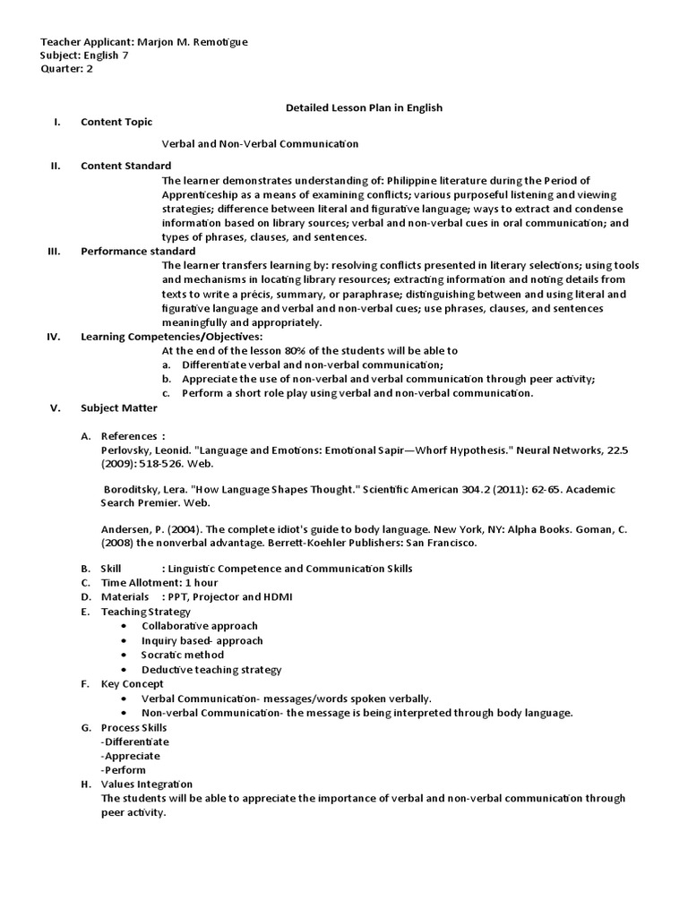 Lesson Plan Demo Verbal and Nonverbal | PDF | Communication | Nonverbal ...