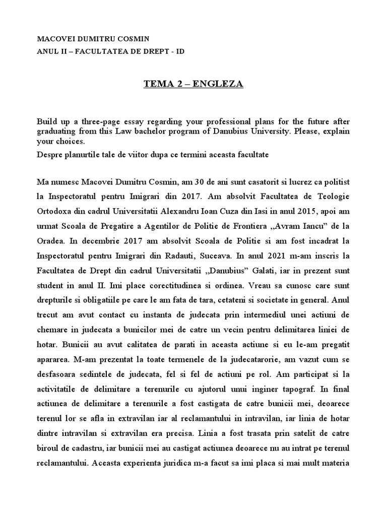 Tema 2 - Engleza: Macovei Dumitru Cosmin Anul Ii - Facultatea de Drept - Id | PDF