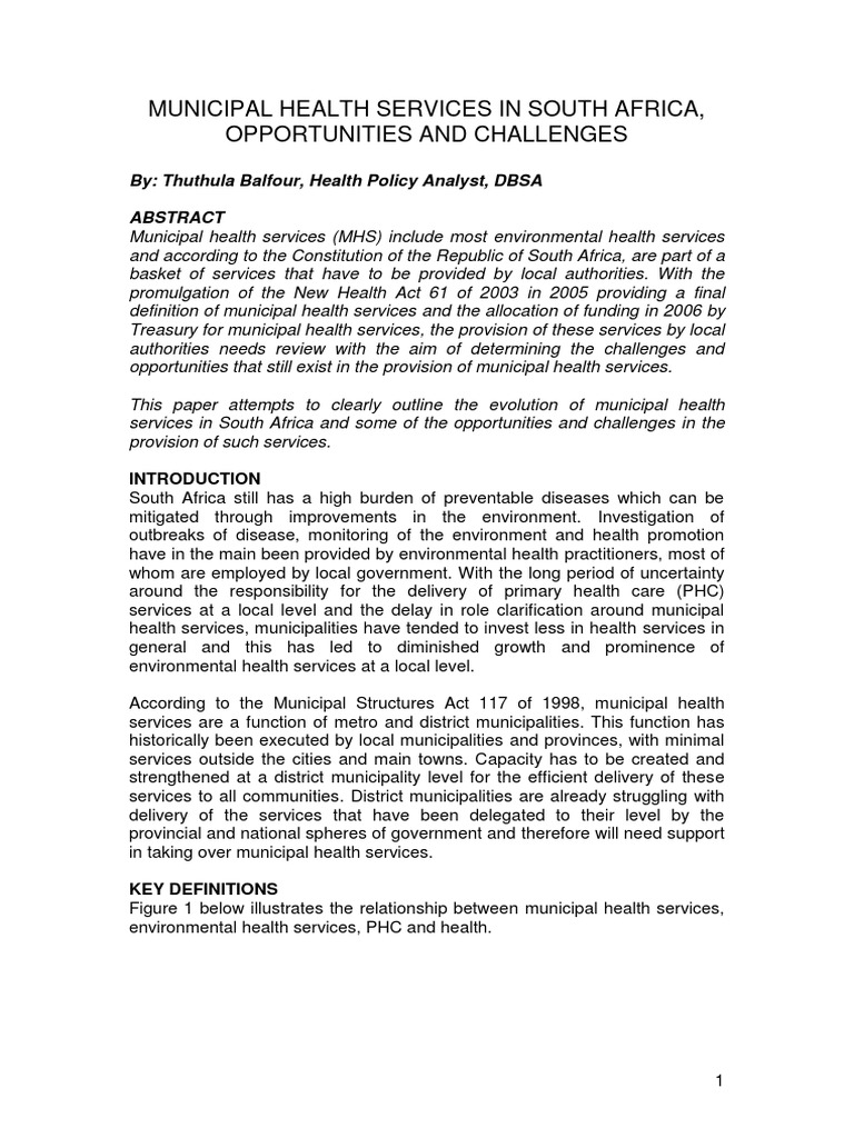 Municipal Health Services in South Africa Opportunities and Challenges ...