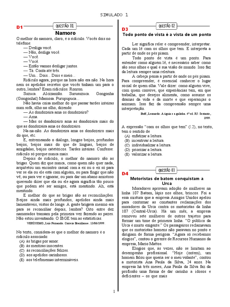 Simulado 1 LP (3º Ano EM) Prof. | PDF | Amor | Casamento