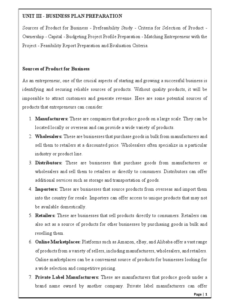 Unit Iii Business Plan Preparation Entrepreneurship Development | PDF ...