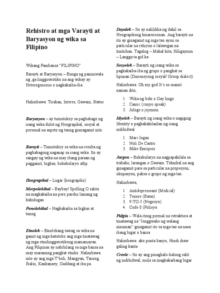 Rehistro at Mga Varayti at Baryasyon NG Wika Sa Filipino | PDF
