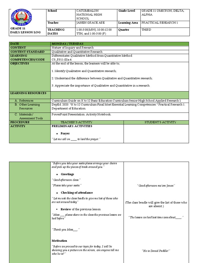 GRADE 11 PR1 Lesson 5 COT DETAILED | PDF | Qualitative Research | Quantitative Research