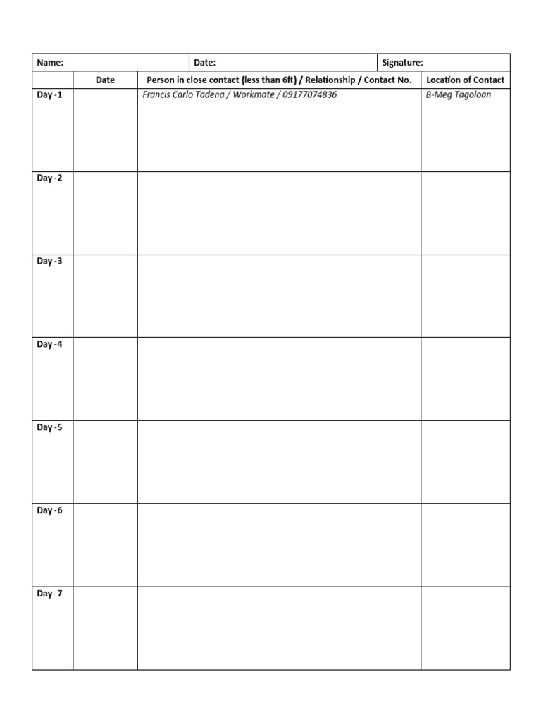 Contact Tracing Log Template | PDF