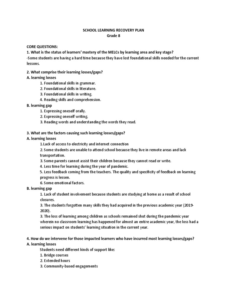 Grade 8 Learning Recovery Strategies | PDF | Learning | Teachers