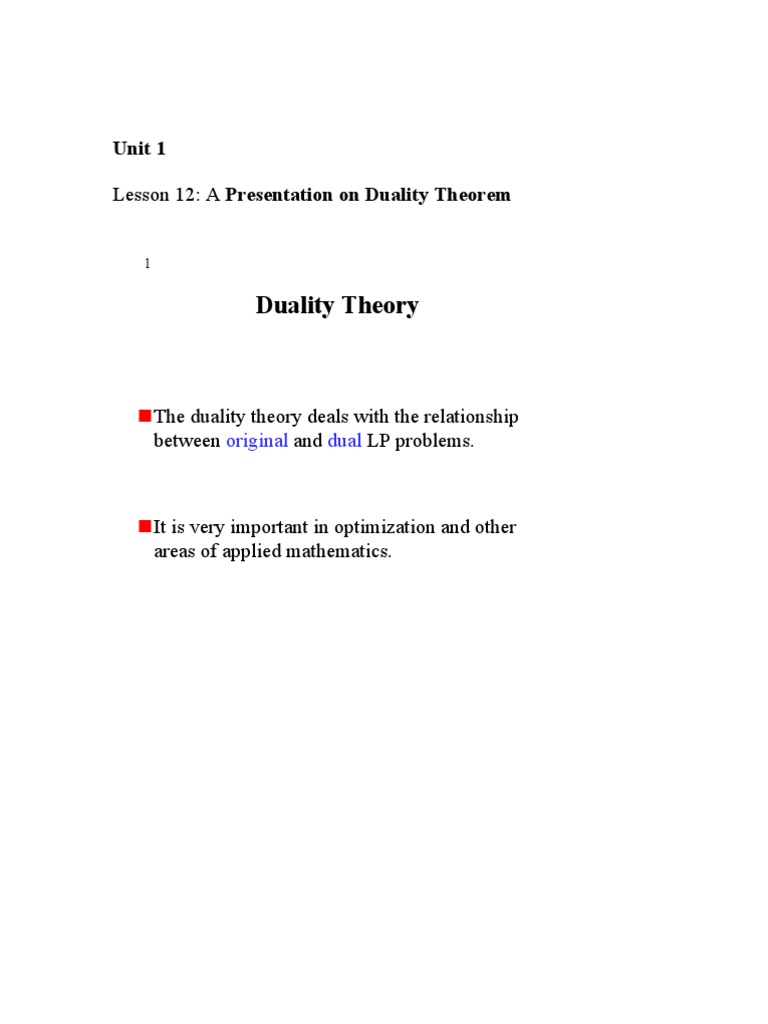 Presentation On Duality Theorem | PDF | Mathematical Optimization | Mathematical And ...