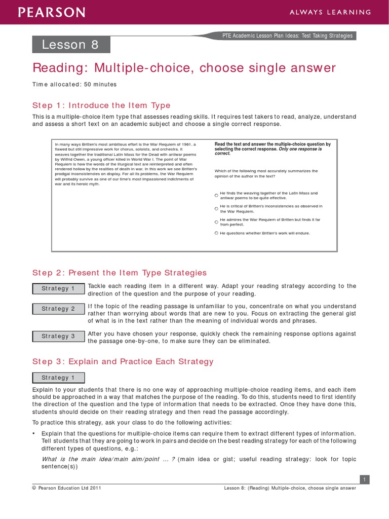 PTE Academic - Strategies For Multiple Choice Single Answer (Reading) | PDF | Multiple Choice ...