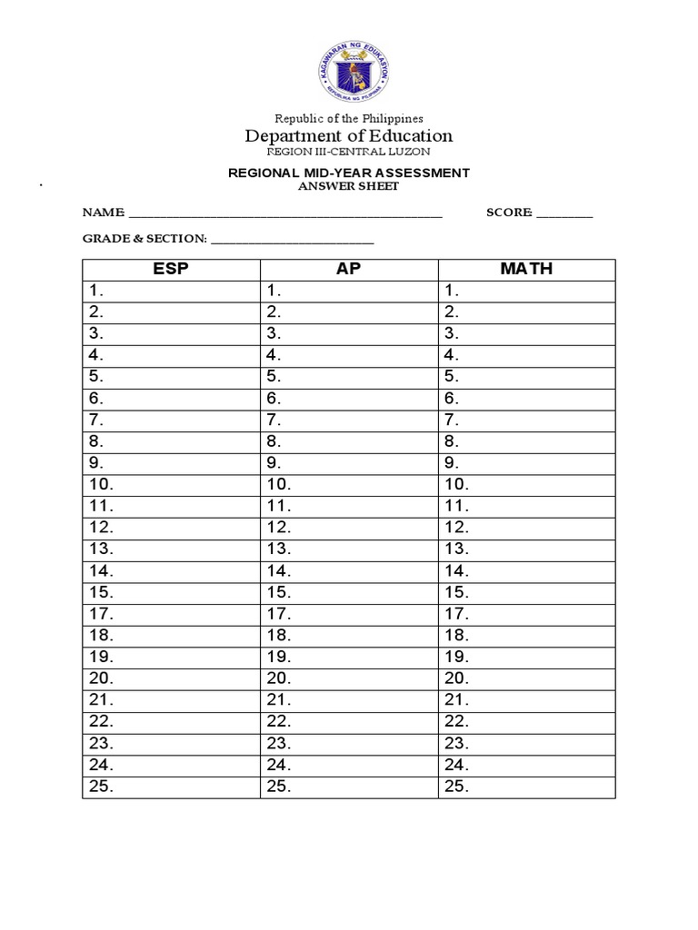 Central Luzon Mid-Year Assessment Sheet | PDF