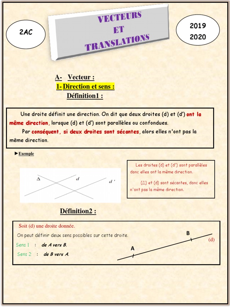 Vecteurs et Translation 2AC | PDF | Droite (mathématiques) | Concepts ...