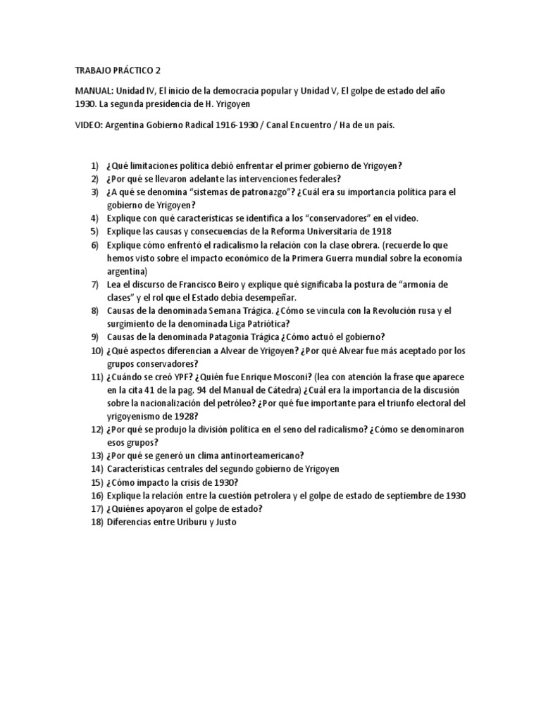 UNLZ 2022 TRABAJO PRÁCTICO 2 Radicalismo | PDF