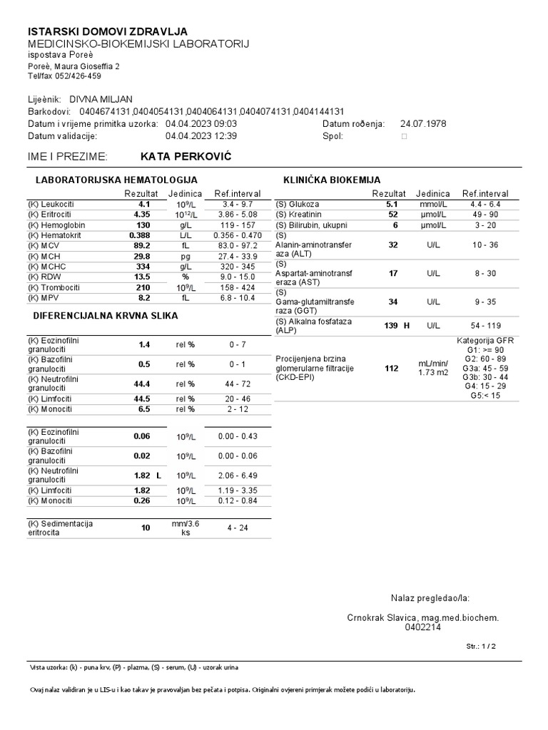 Medicinsko-Biokemijski Laboratorij: Istarski Domovi Zdravlja | PDF