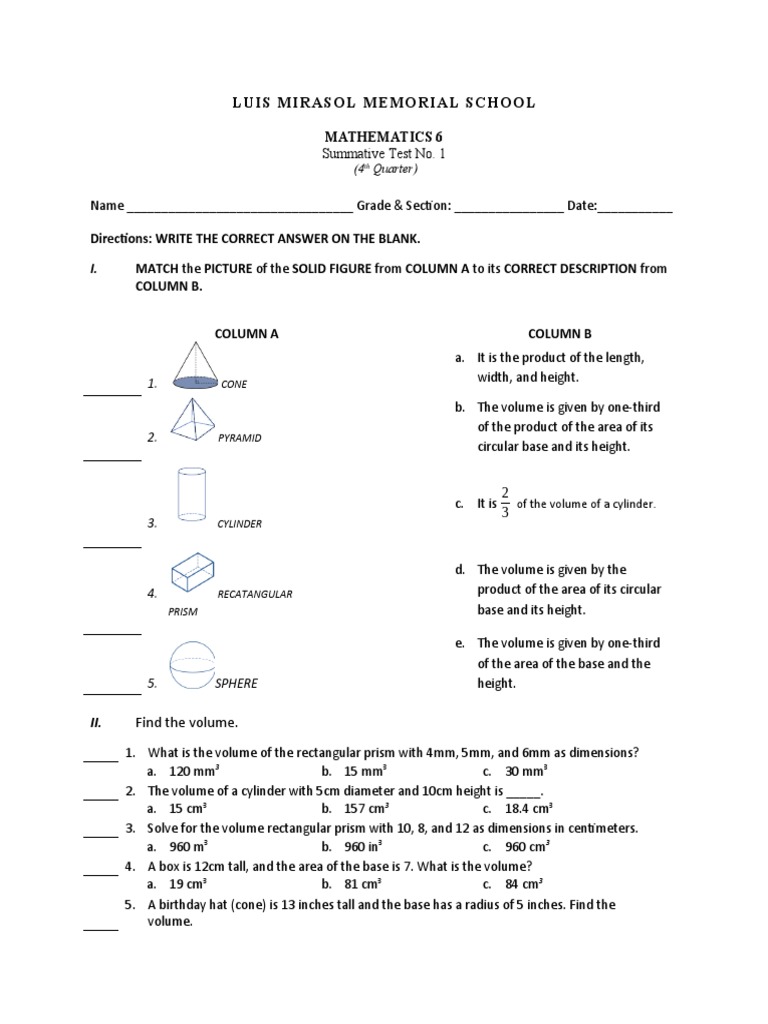 Summative Test 6 Math Q4 | PDF | Volume | Area
