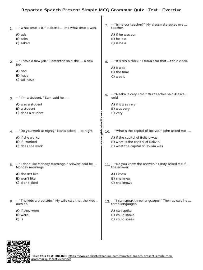 Reported Speech Present Simple MCQ Grammar Quiz - Test - Exercise | PDF