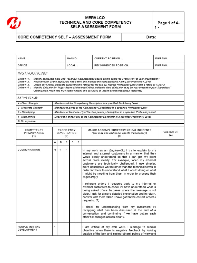 Core Competency Self - Assessment Form of Jason Carlo Tolibas ...