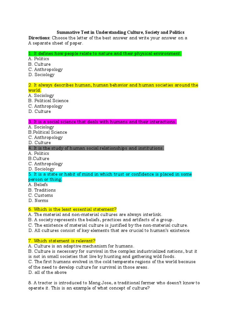 Summative Test in Understanding Culture | PDF | Sociology | Society