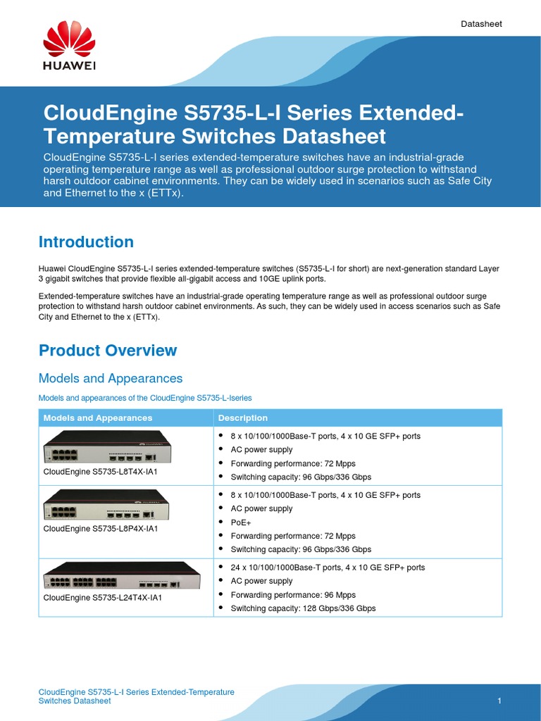 CloudEngine S5735-L-I Series Extended-Temperature Switches Datasheet | PDF | Network Switch | I Pv6