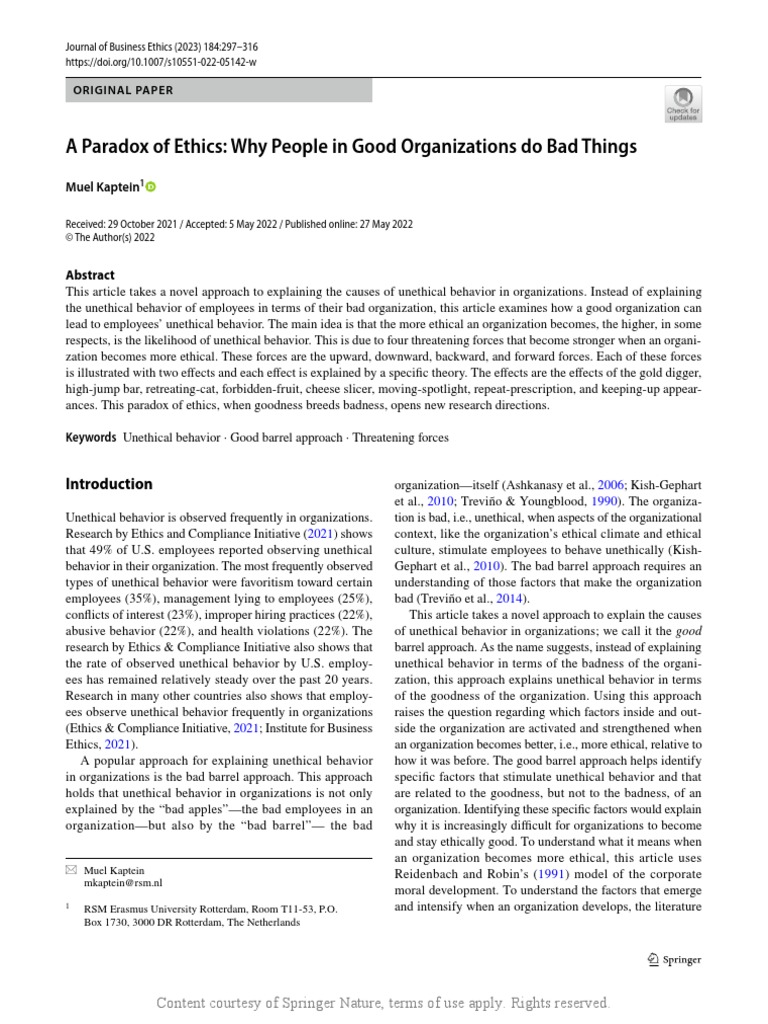 A Paradox of Ethics Why People in Good Organizatio | PDF | Psychology