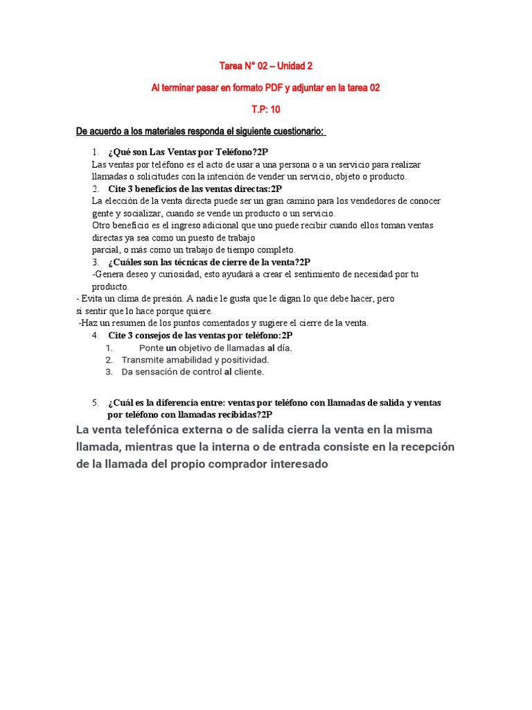 Tarea N 02 Unidad 2 - Telemarketing SNPP | PDF