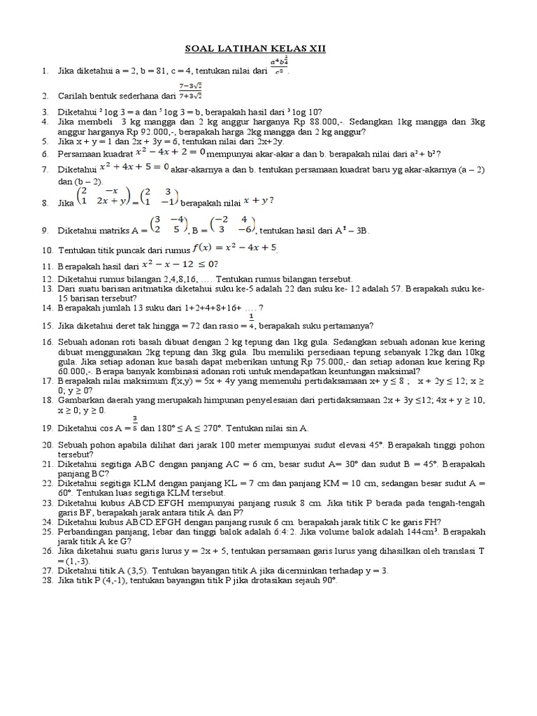 LATIHAN SOAL MATEMATIKA KELAS XII | PDF