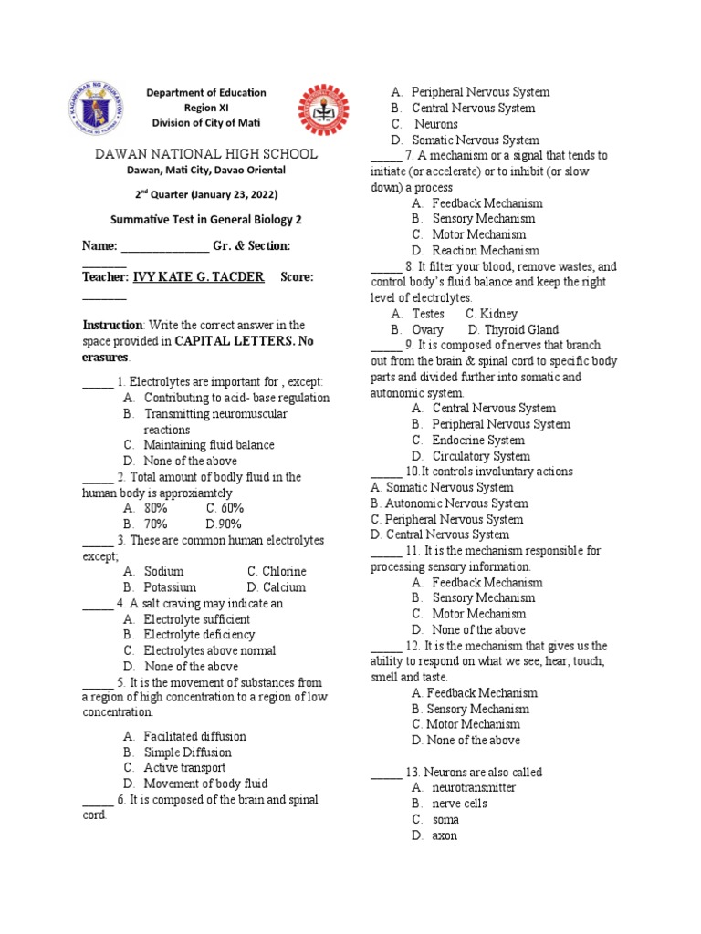 General Biology 2 Summative Test | PDF | Nervous System | Human Body