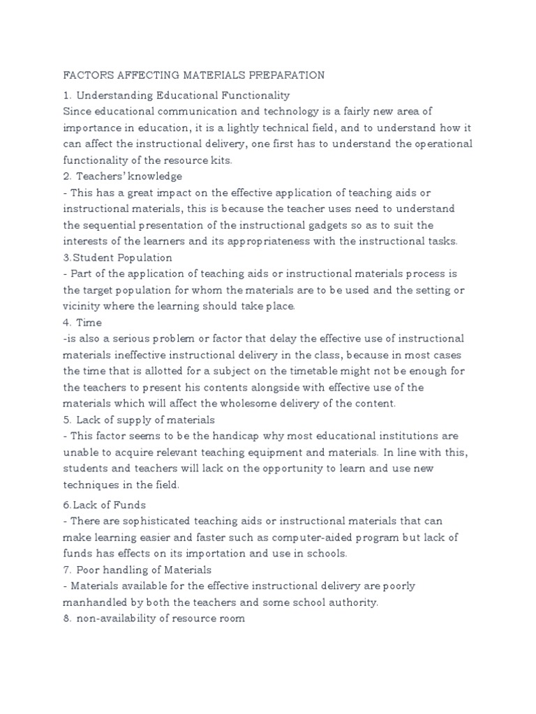 Factors Influencing Materials Preparation | PDF | Teachers | Learning