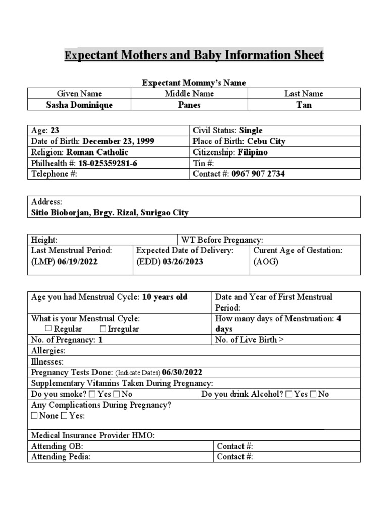 Pectant Mothers and Baby Information Sheet: Expectant Mommy's Name ...